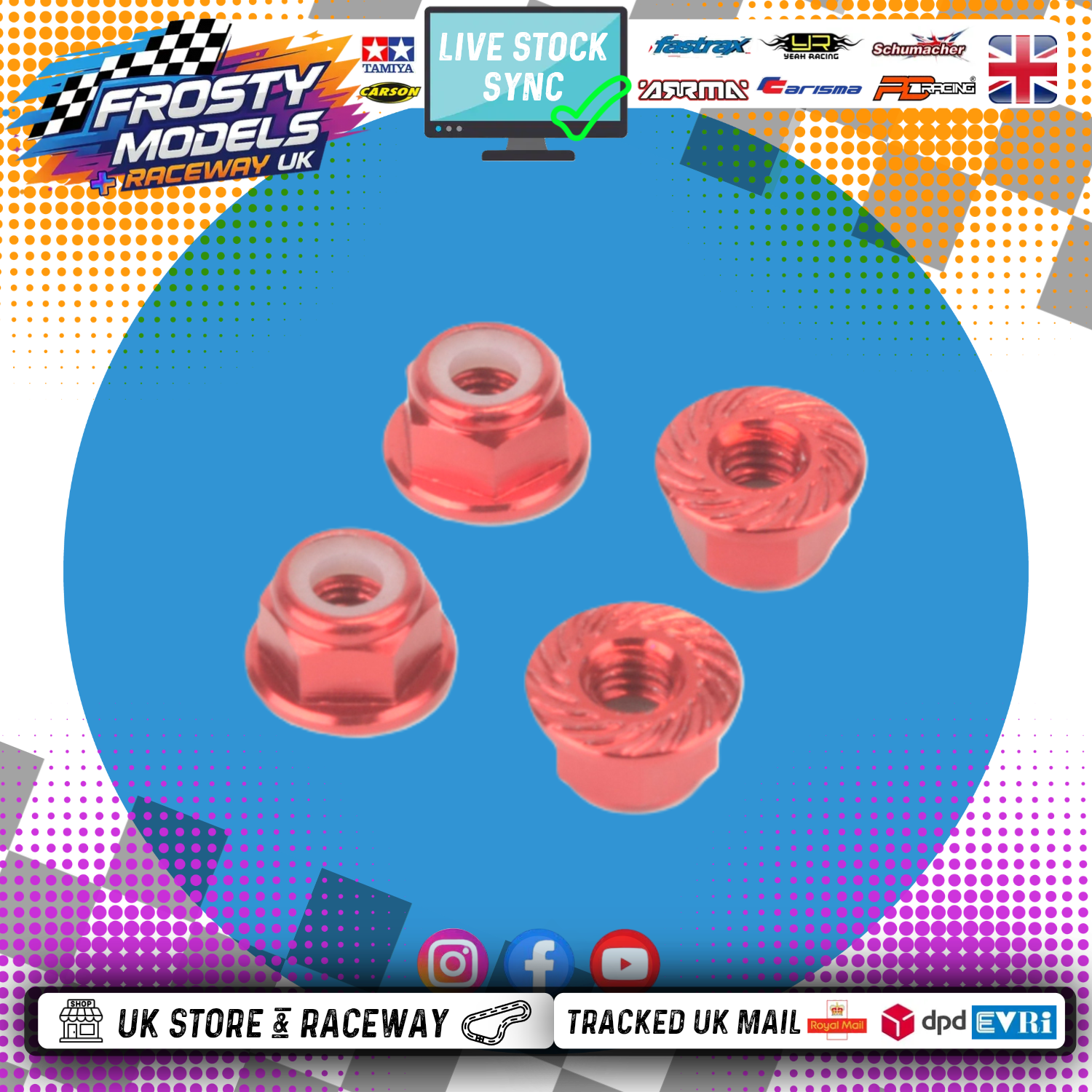 MK - M4 1/10 WHEEL NUTS (7mm Socket) - Red FLANGED & Serrated LOCKNUTS ...